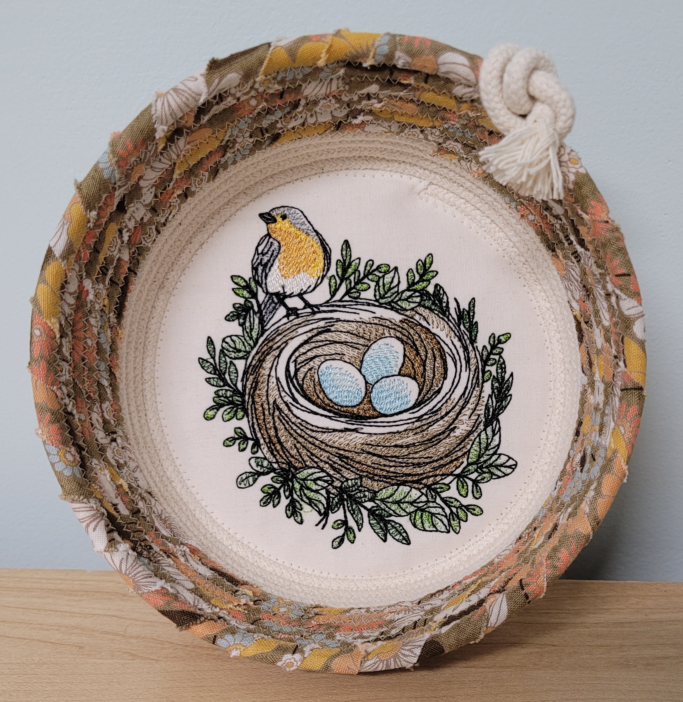 Embroidered Bird’s Nest Rope Bowl – Tan – Crafty Ass Markets